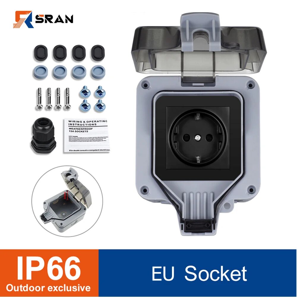 SRAN IP66 Черная EU Розетка с выключателем