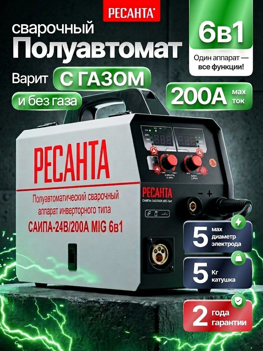 Сварочный полуавтомат с газом инверторный - 6 режимов Ресанта САИПА-24В/200А