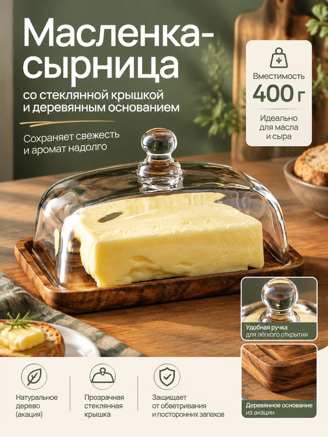 Масленка-сырница со стеклянной крышкой и деревянным основанием, вместимость 400 г