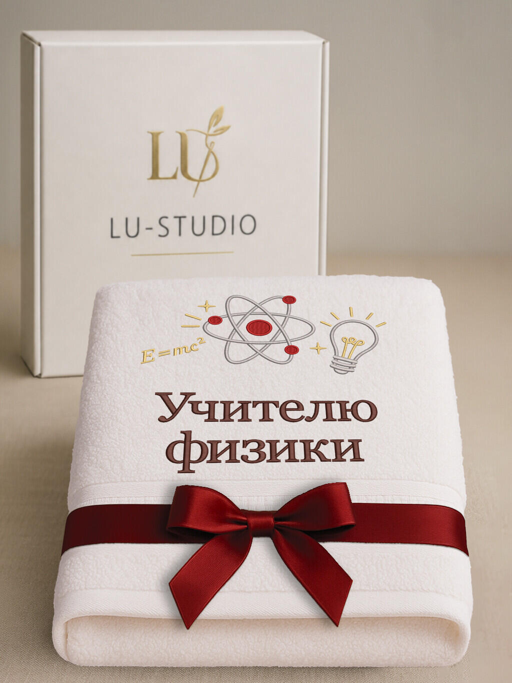 Подарок учителю физики полотенце банное 70х140 с вышивкой, LU-Studio, белый, 460 г/м², 100% хлопок