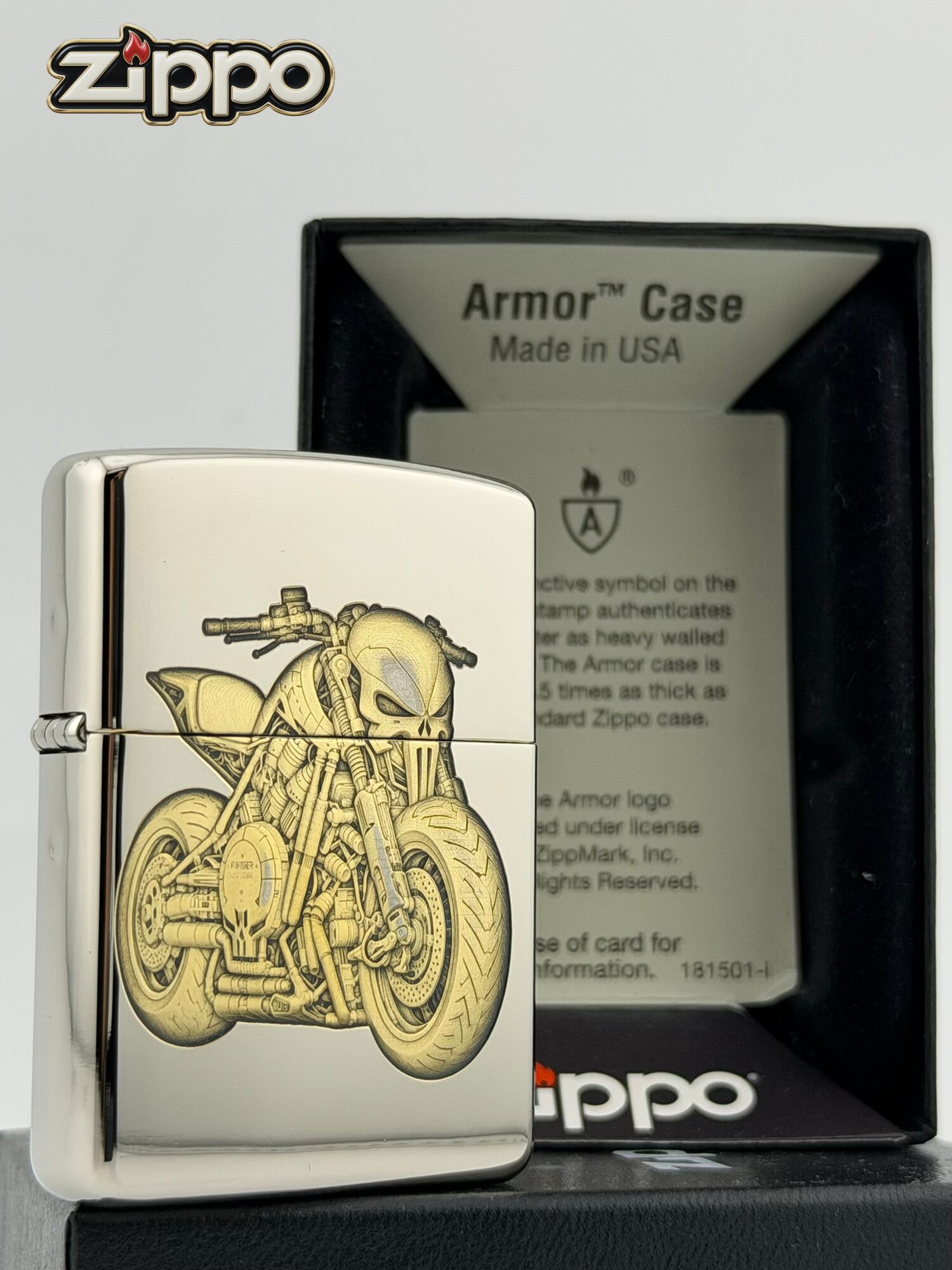 Зажигалка Zippo Skull Rider Punisher — Череп Байкера, Мотоцикл, двусторонняя гравировка