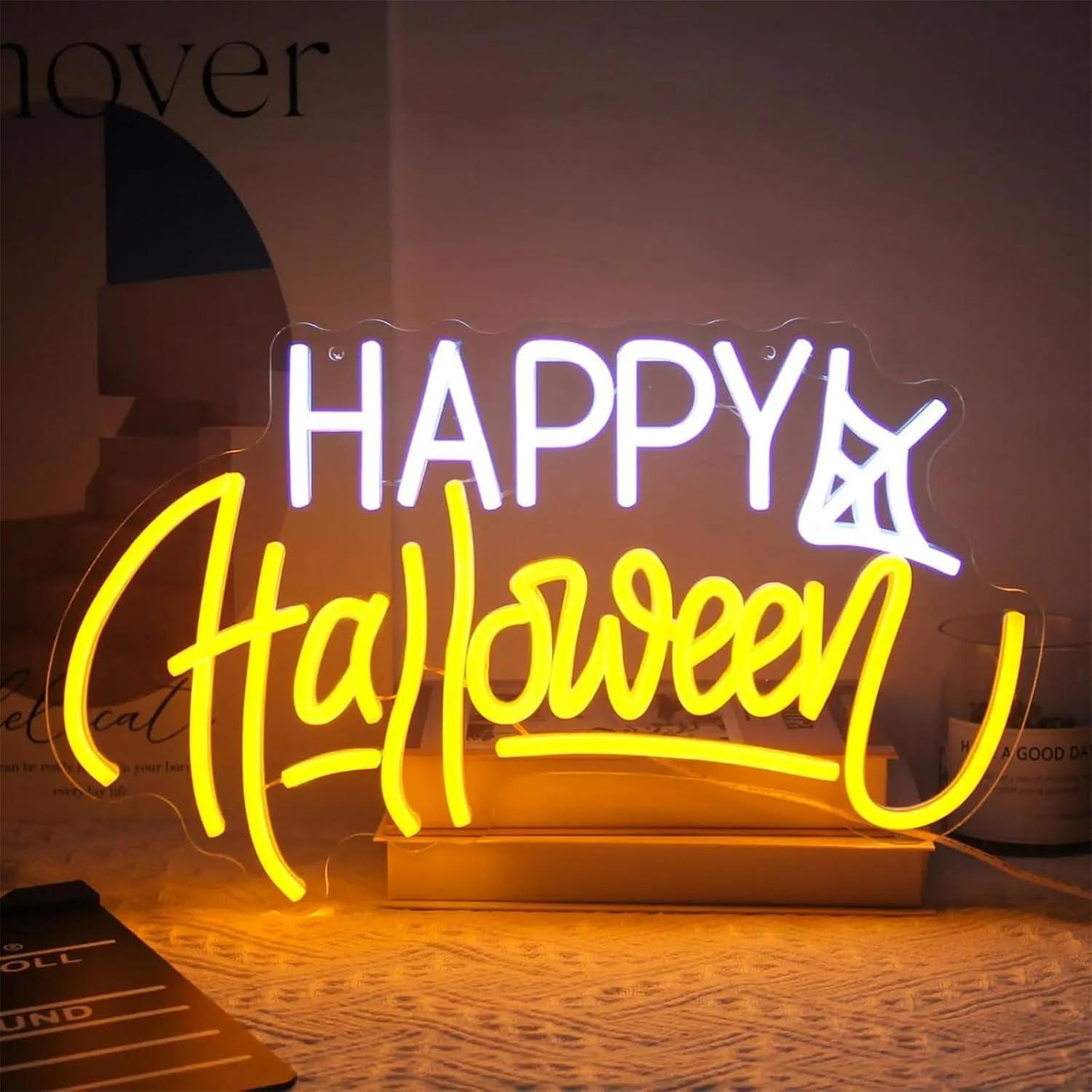 Неоновая вывеска Happy Halloween с паутиной Световой знак на Хэллоуин Декор для дома бара вечеринки