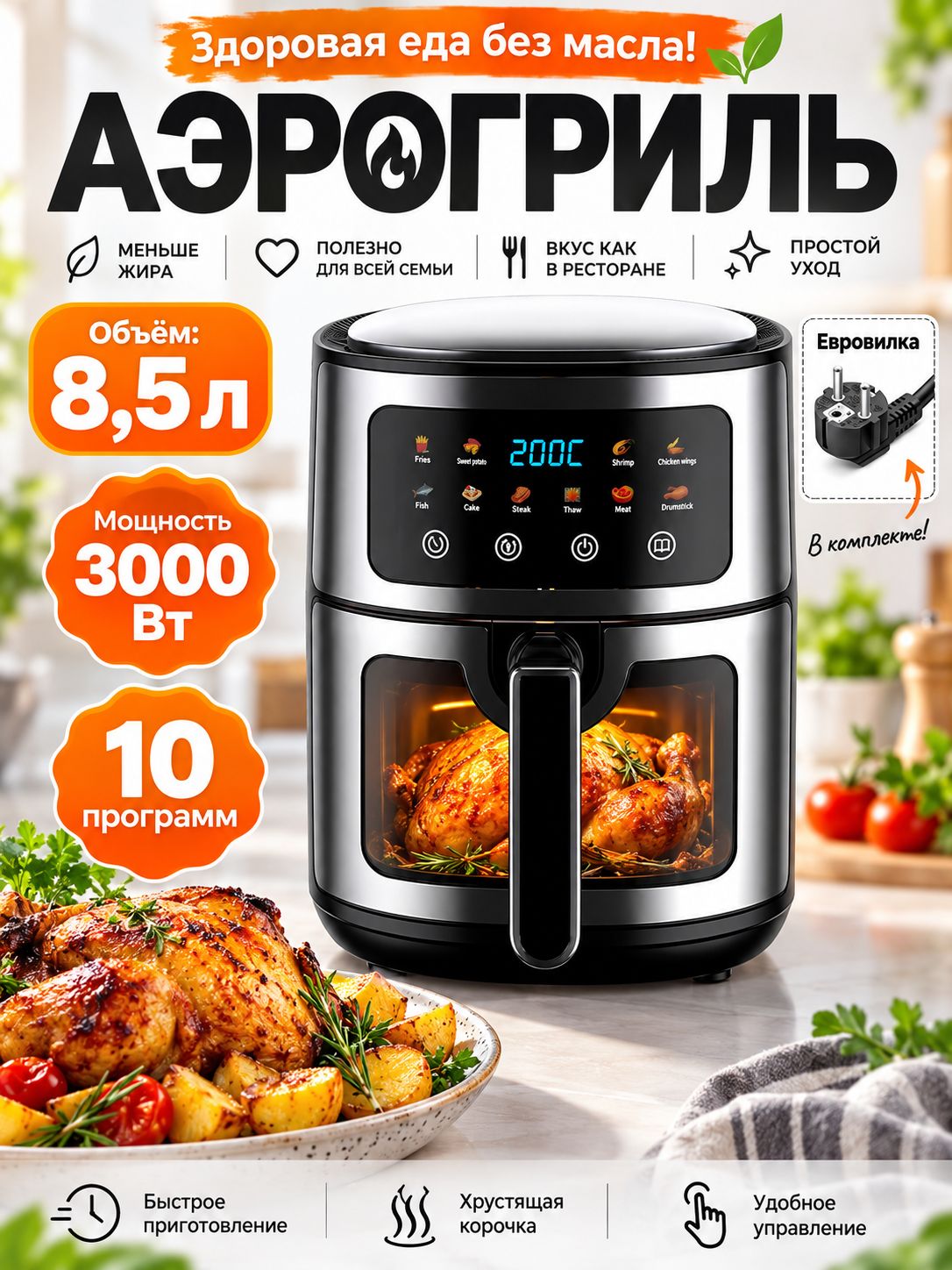 Аэрогриль F2CB8007B8EE445A9F8A29D130B57613, черный, серый металлик