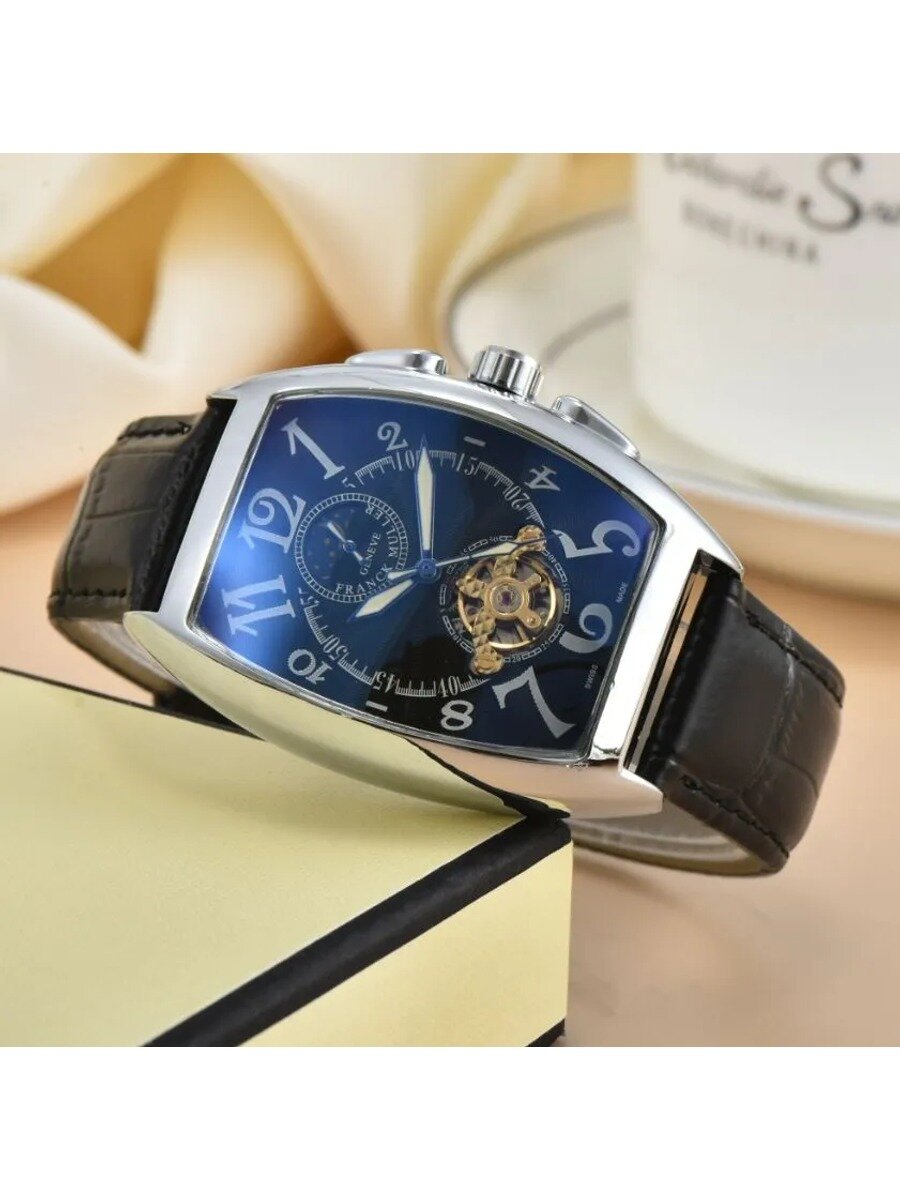 Часы наручные механические Franck Muller для мужчин: бочкообразный корпус, синий циферблат, ремешок