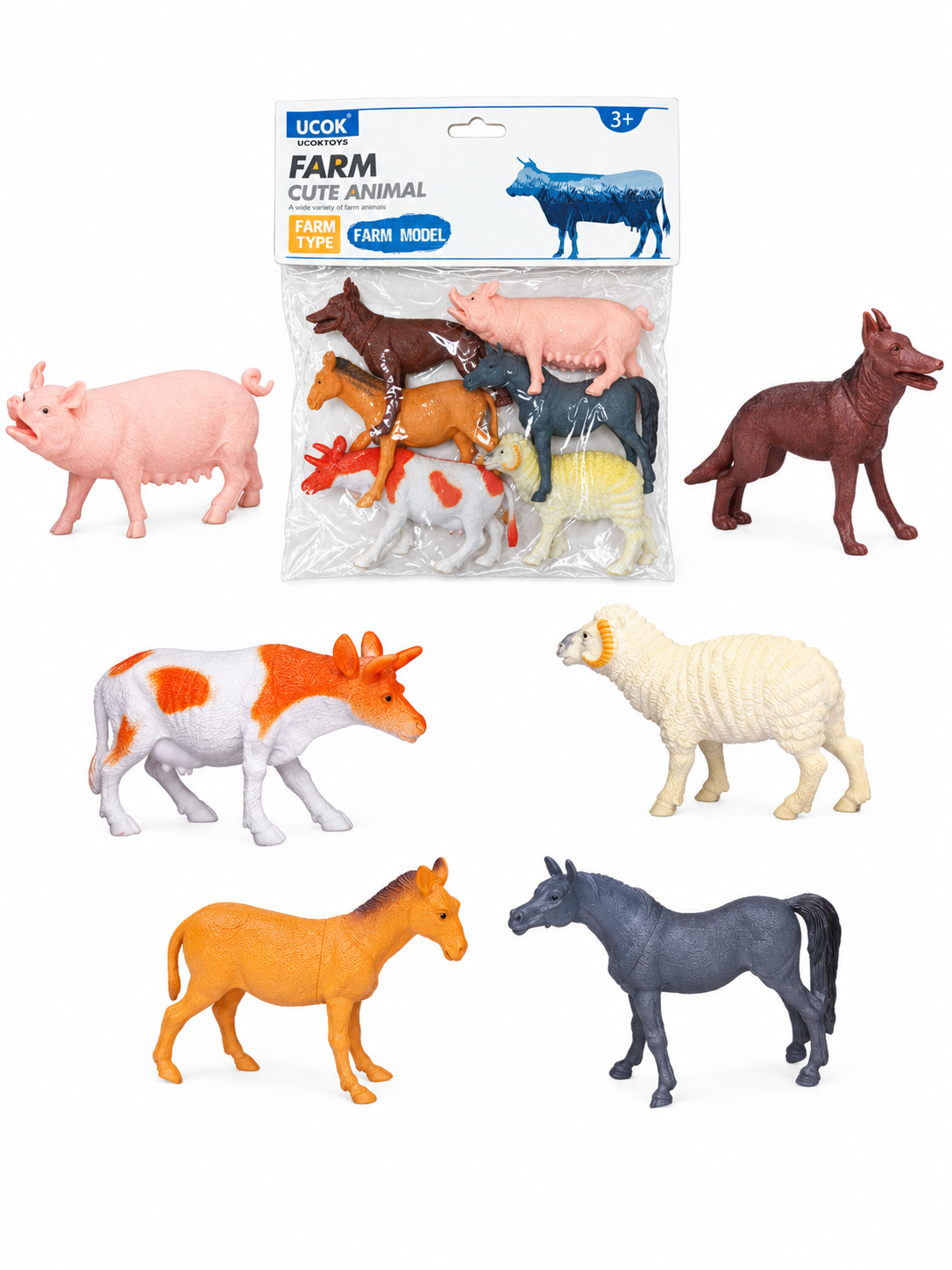 Игрушка Набор фигурок домашние животные Ферма Farm animal, в наборе 6 зверей высотой от 7 до 10 см: свинья, осел, собака, овца, лошадь, корова, А163