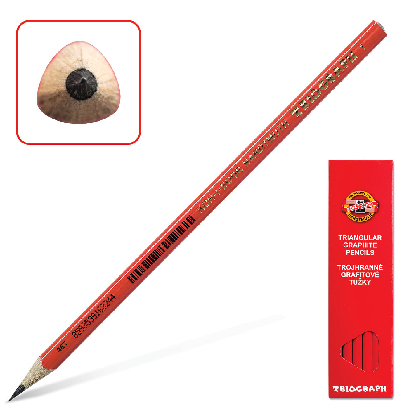Карандаш чернографитный KOH-I-NOOR, 1 шт, "Triograph", B, трехгранный, без резинки, корпус красный, заточенный, 1802001001KSRU