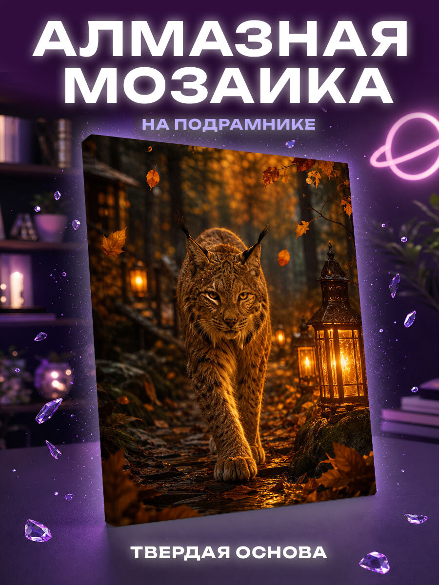 Алмазная мозаика Рысь среди осенних фонарей