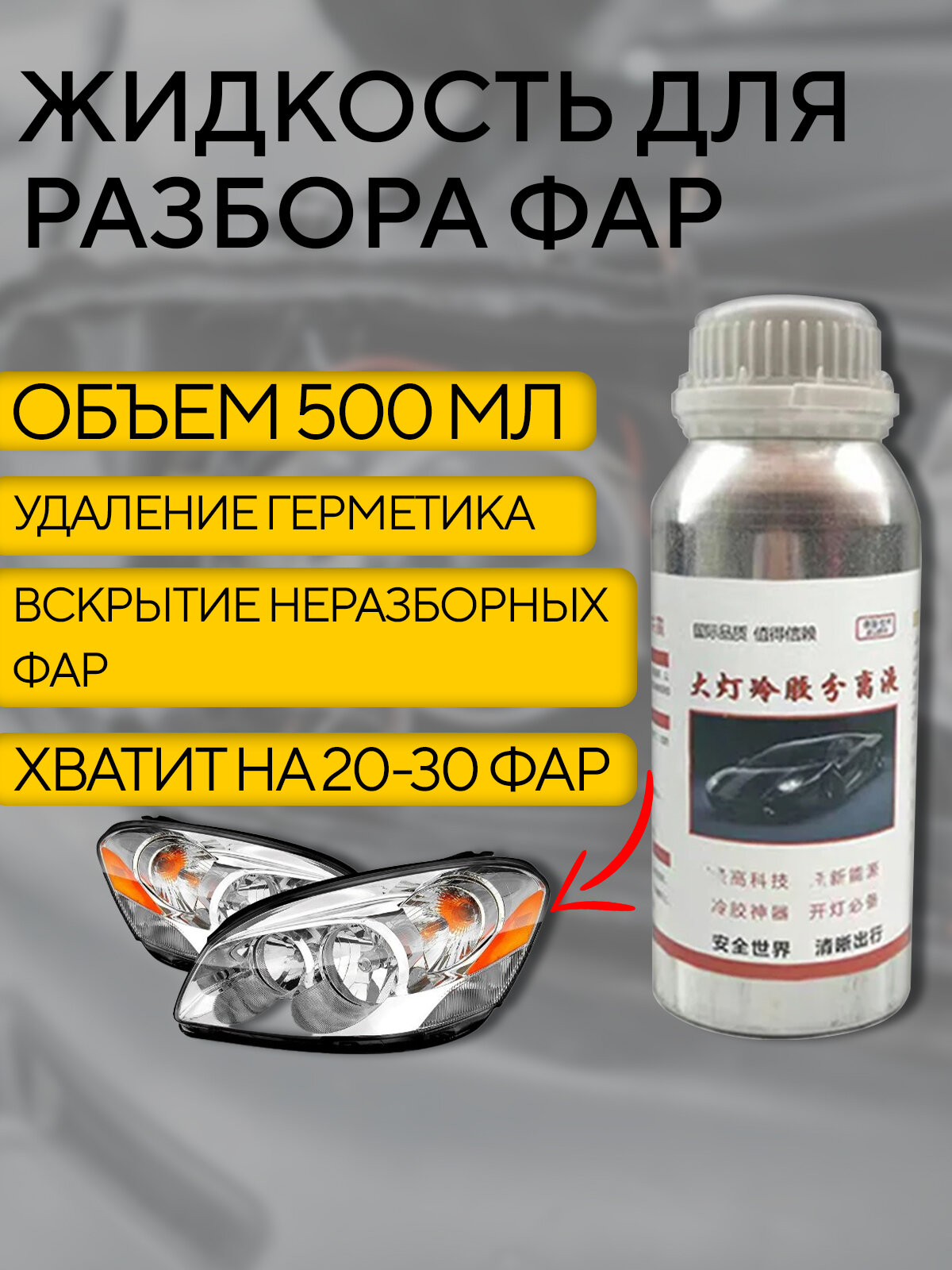 Cостав для вскрытия неразборных фар, жидкость для разбора фар на герметике 500 мл