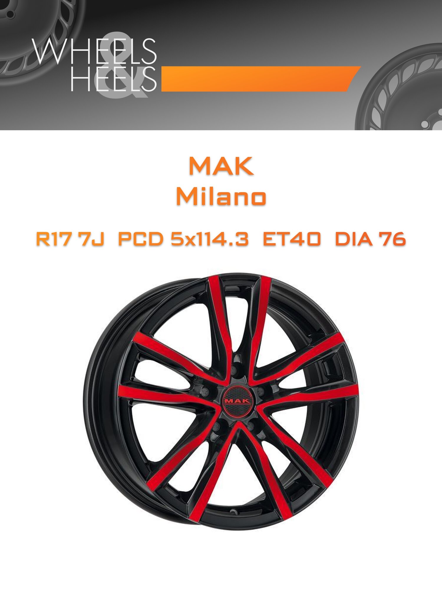 Диск автомобильный литой MAK Milano 17x7 5x114.3 et40 dia76 Чёрный с красной лицевой частью