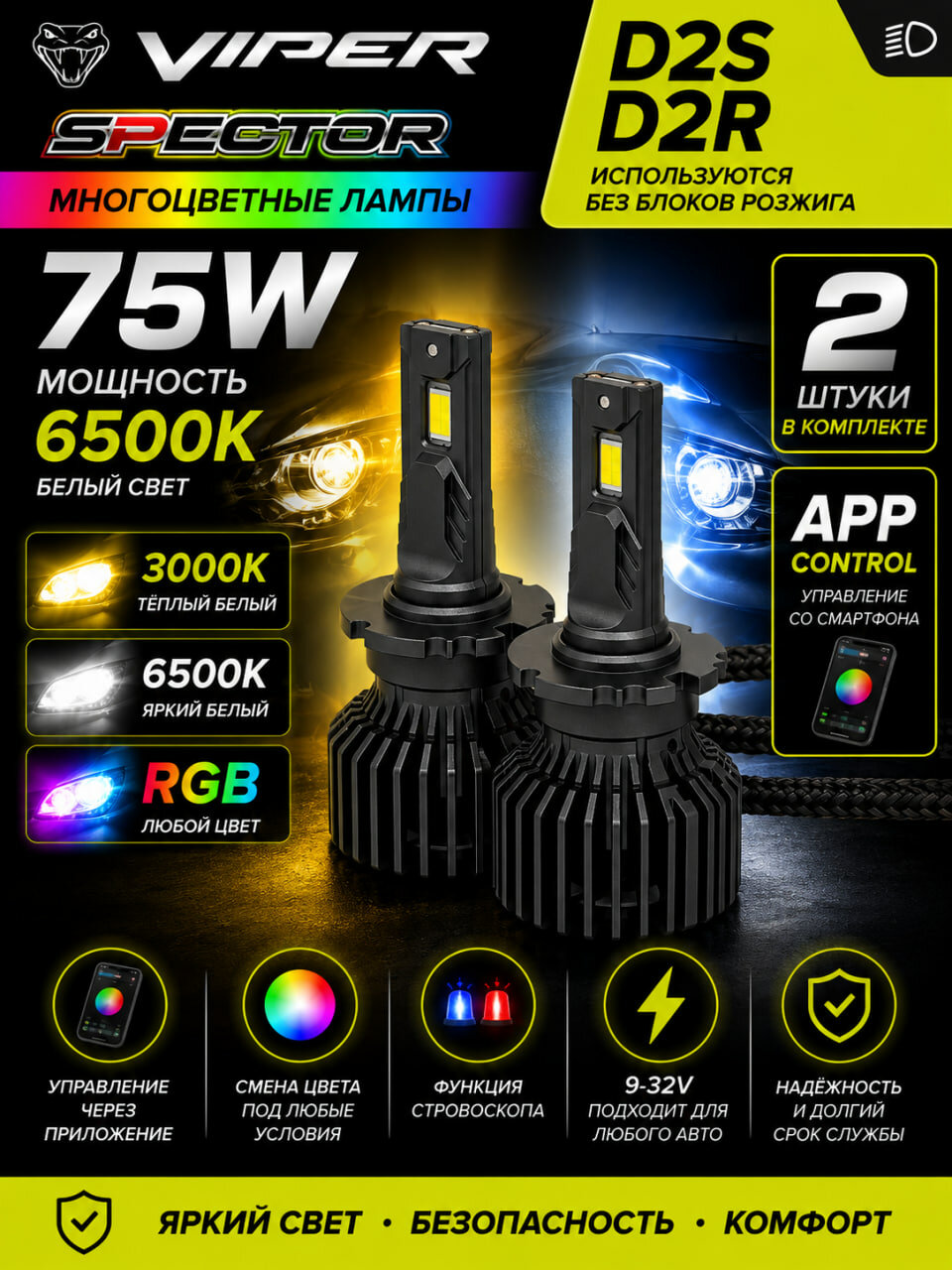 Светодиодные LED лампы D2S для Mini Hatch R50, R53 2001-2006 / Мини Хатч- VIPER - 75W 6500K / Многоцветные лампы / VIPER SPECTOR лампы ФСО