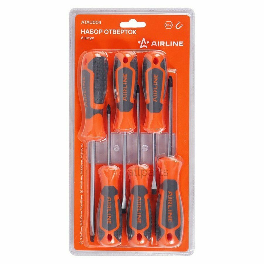AIRLINE ATAU004 Набор отвёрток 6пр. (SL5x75mm SL5x100mm SL6x125mm PH1x75mm PH1x100mm PH2x100mm) блистер (ATAU0
