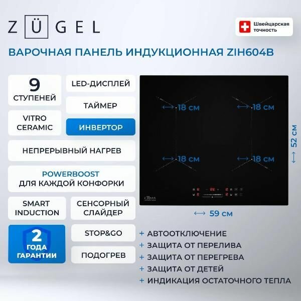 Встраиваемая индукционная панель независимая ZUGEL ZIH604B