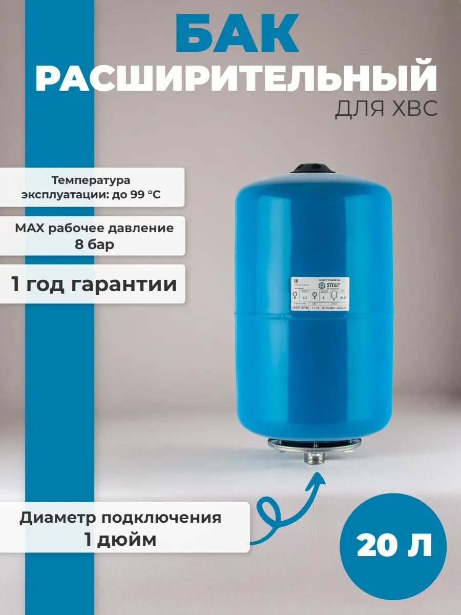 Расширительный бак, гидроаккумулятор STOUT 20 л. вертикальный