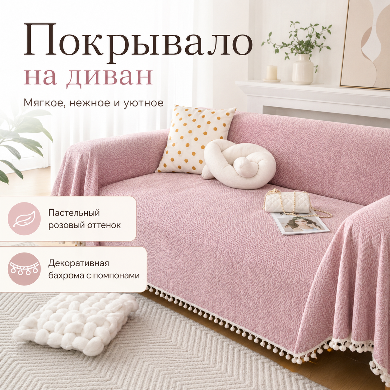 Дивандек, для дивана, кровати, кресла, пледы в скандинавском стиле, 230х180 см