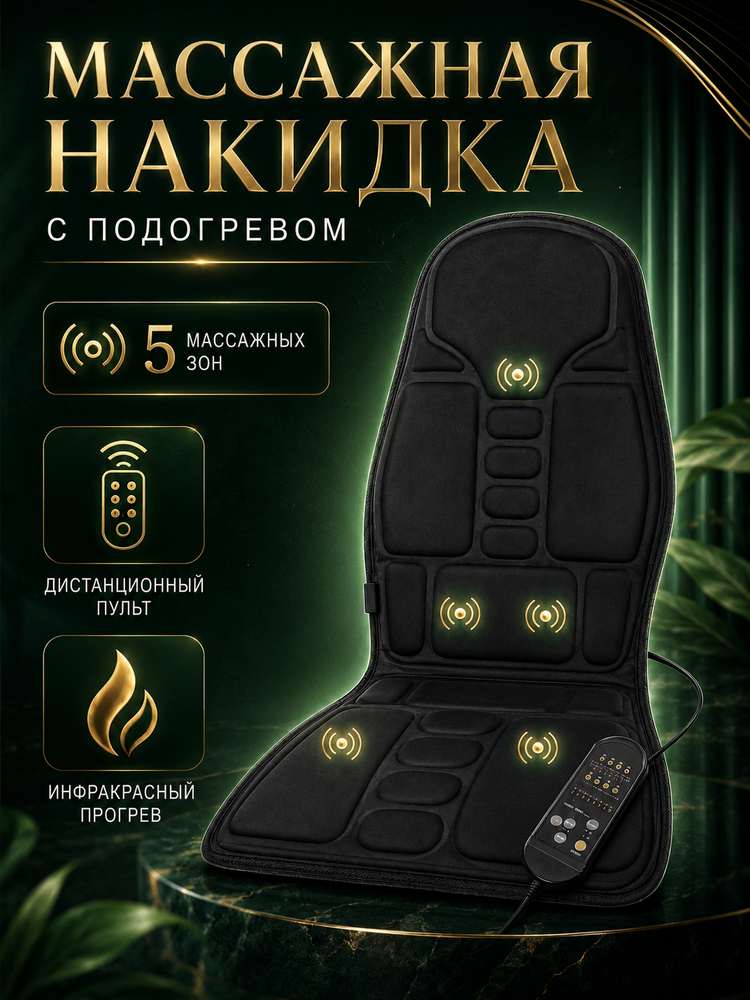 Массажная накидка для автомобиля, офиса и для дома, Накидка на кресло с подогревом, Электромассажер с пультом, Черный