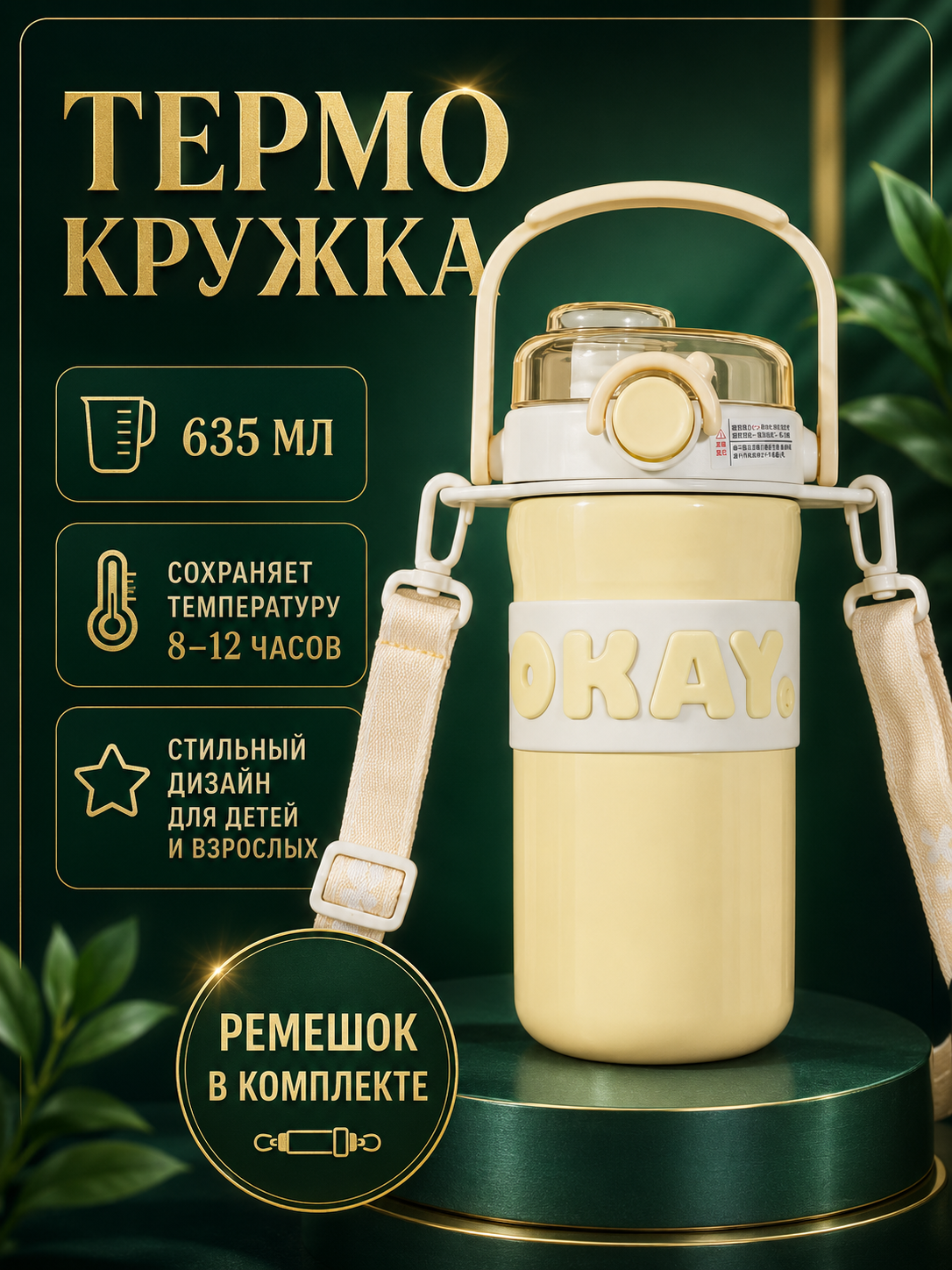 Термос детский с ремешком OKAY, Термобутылка с ручкой, Непроливайка для горячих напитков, 635 мл, Желтый