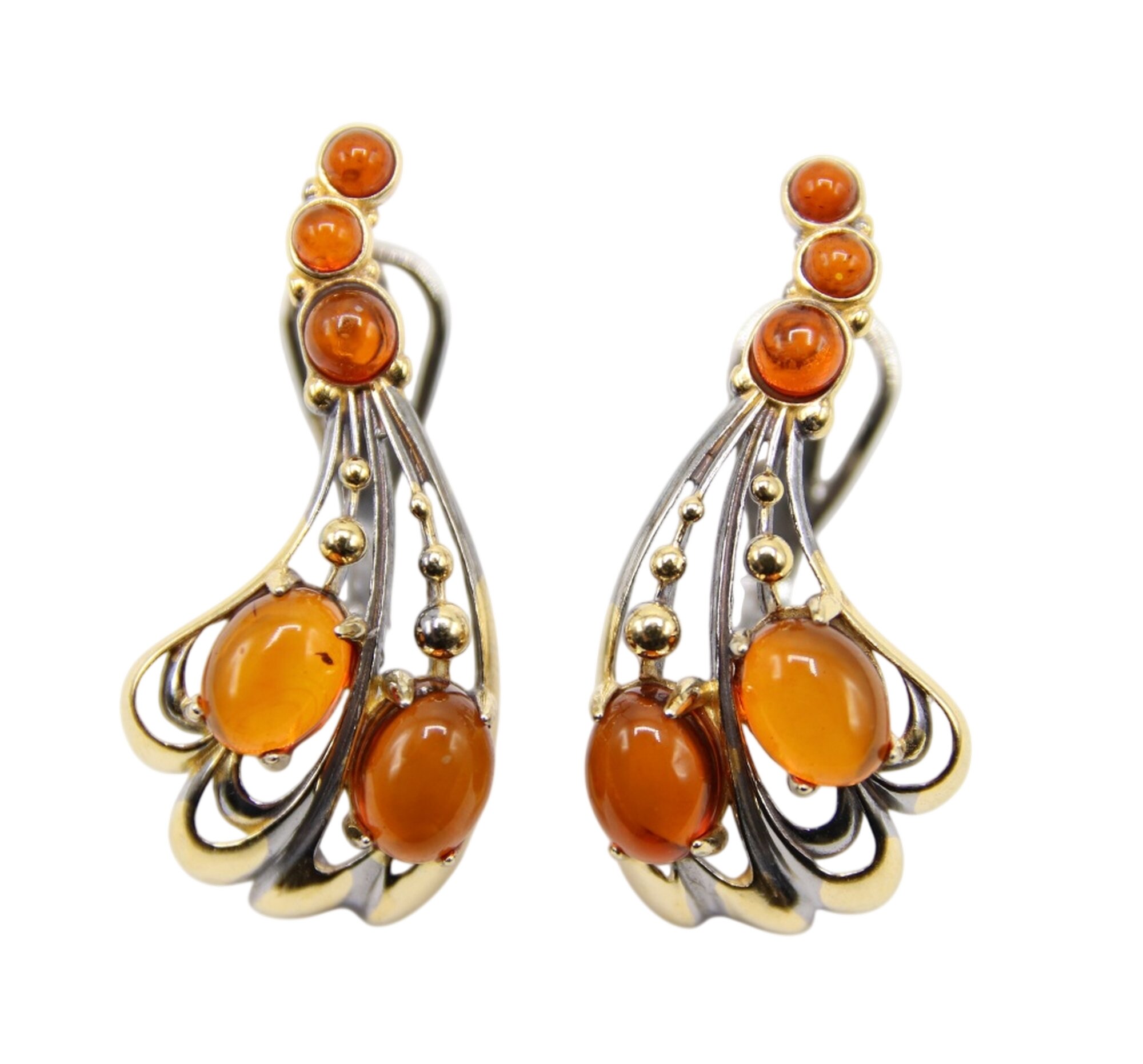 Серьги, серебро, 925 проба, золочение, янтарь