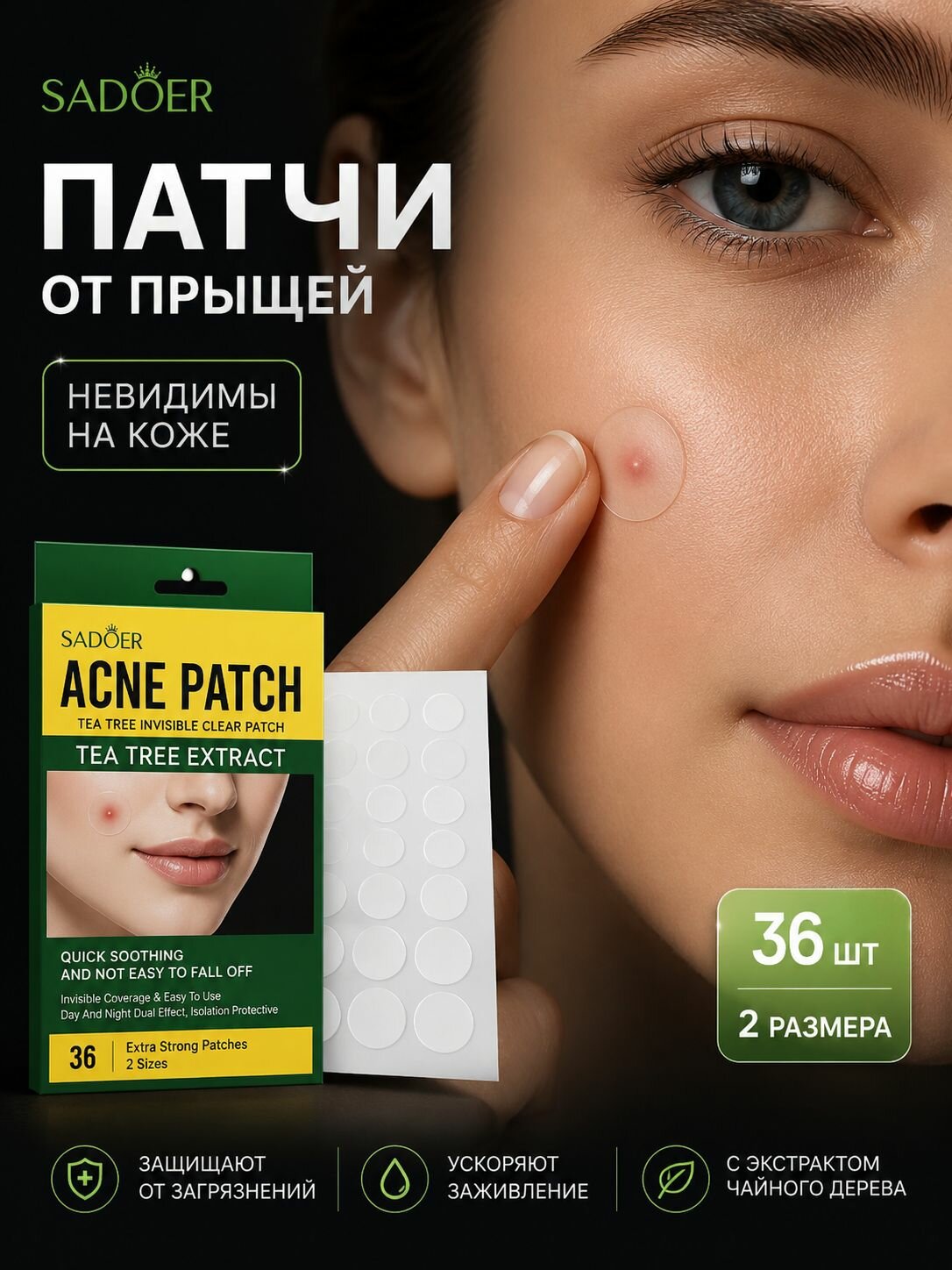 Патчи от прыщей на лице и акне 36 шт прозрачные гидроколлоидные