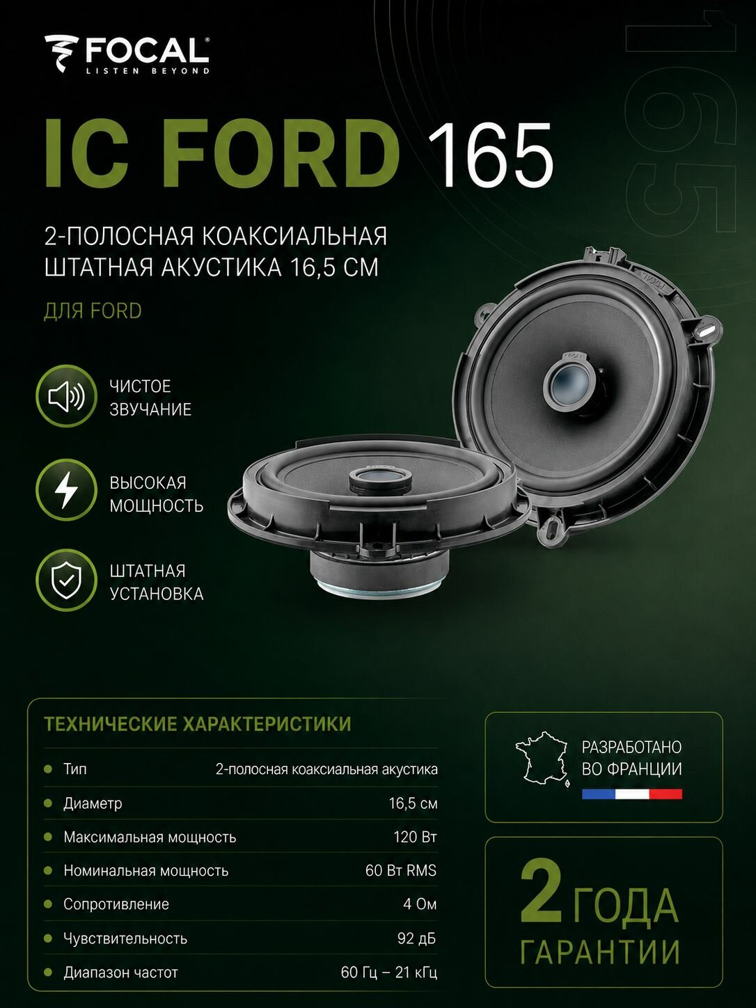 Автоакустика FOCAL IC FORD 165, 16.5 см, коаксиальная, 2 полосы, Ford