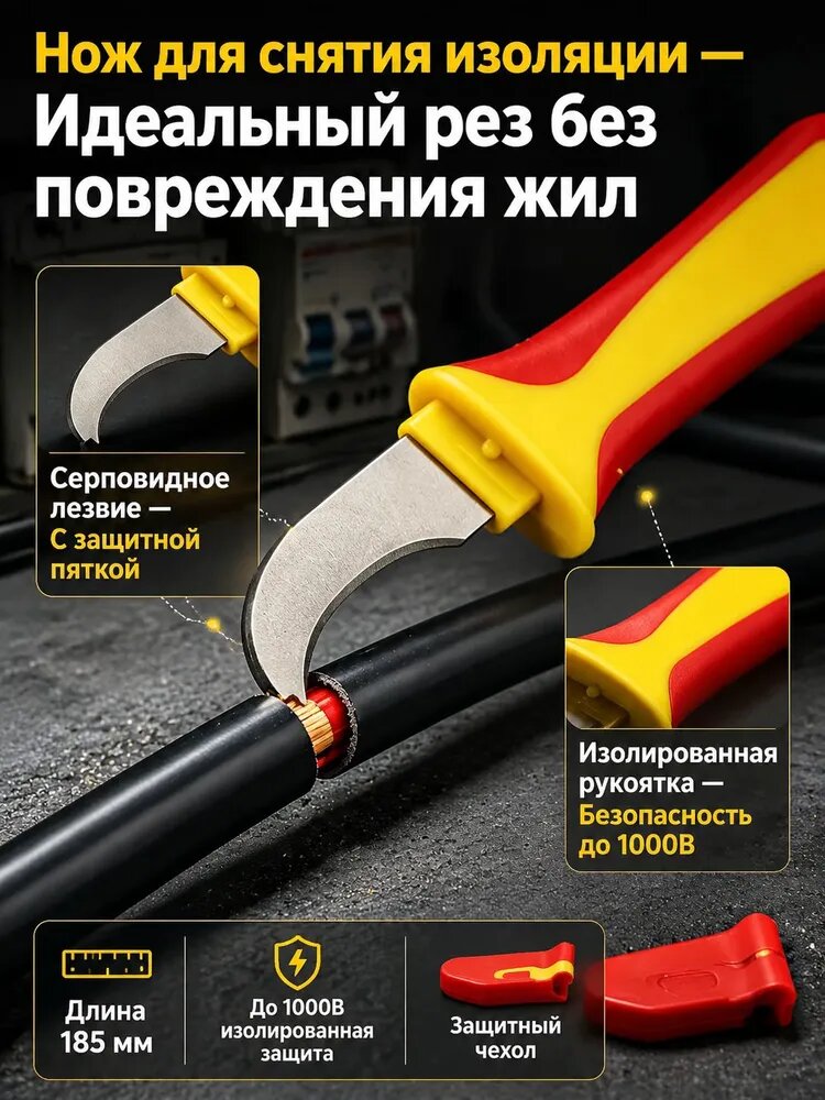 Нож для снятия изоляции, инструмент-с-защитной-пяткой-185мм, для безопасной разделки кабеля до 1000В и электромонтажа