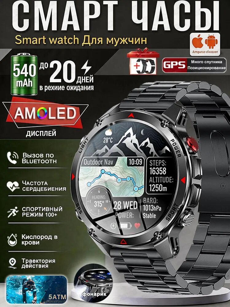 GUHUAVMI Смарт-часы Профессиональные GPS спортивные смарт-часы для бега на открытом воздухе, часы для плавания, компас, высота над уровнем моря, спортивные для мужчин, 50mm, Черная стальная полоса 2A