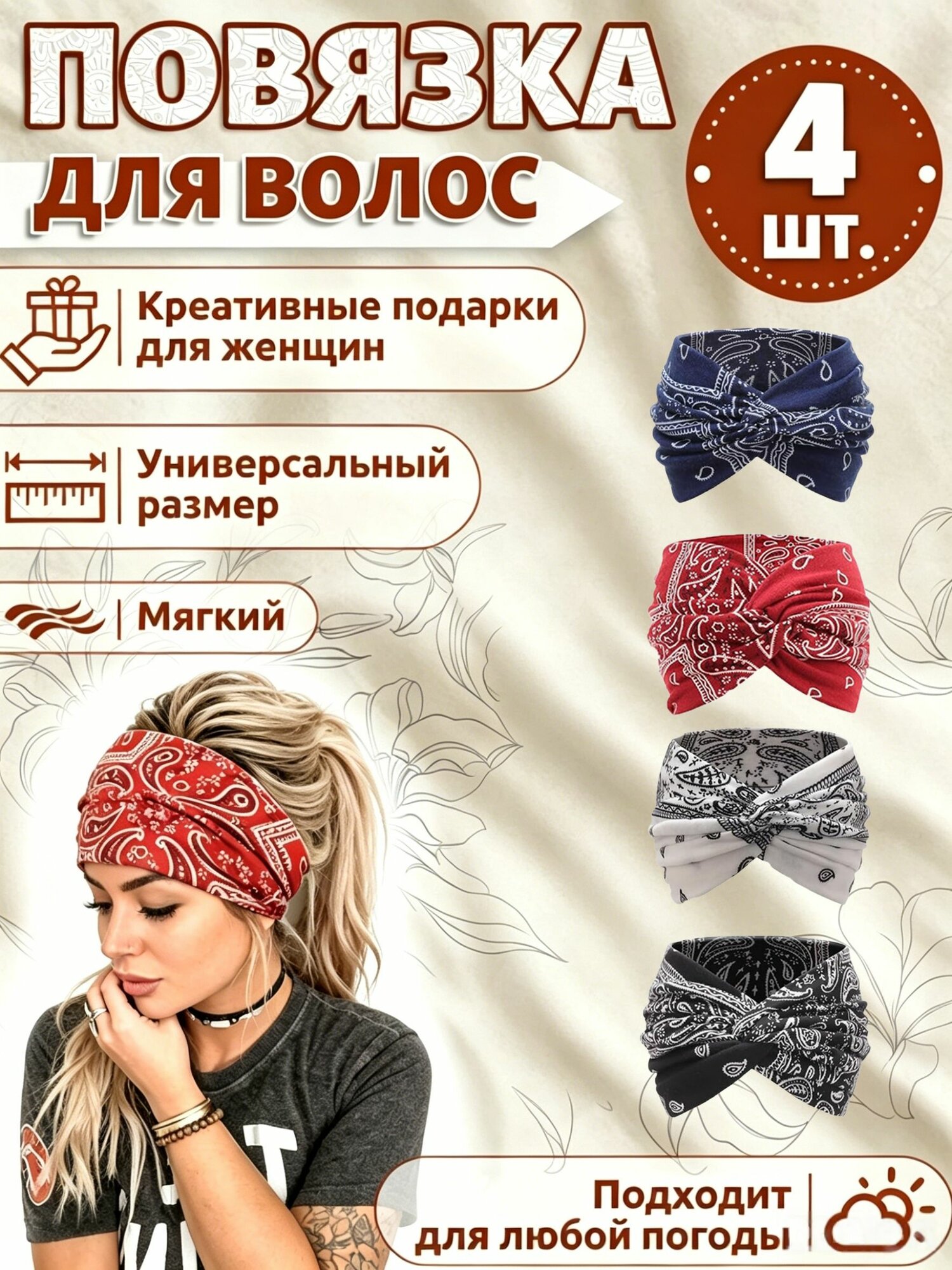 Повязка для волос 4 шт. набор комплект