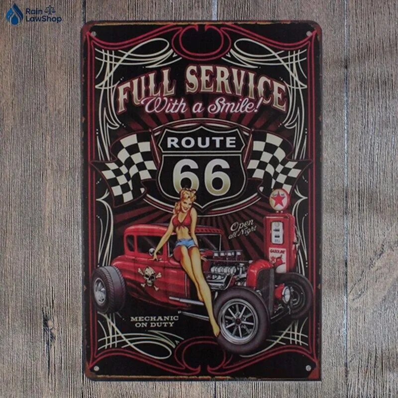 Ретро металлический плакат Route 66 Full Service декор с автотематикой размер 20х30 см