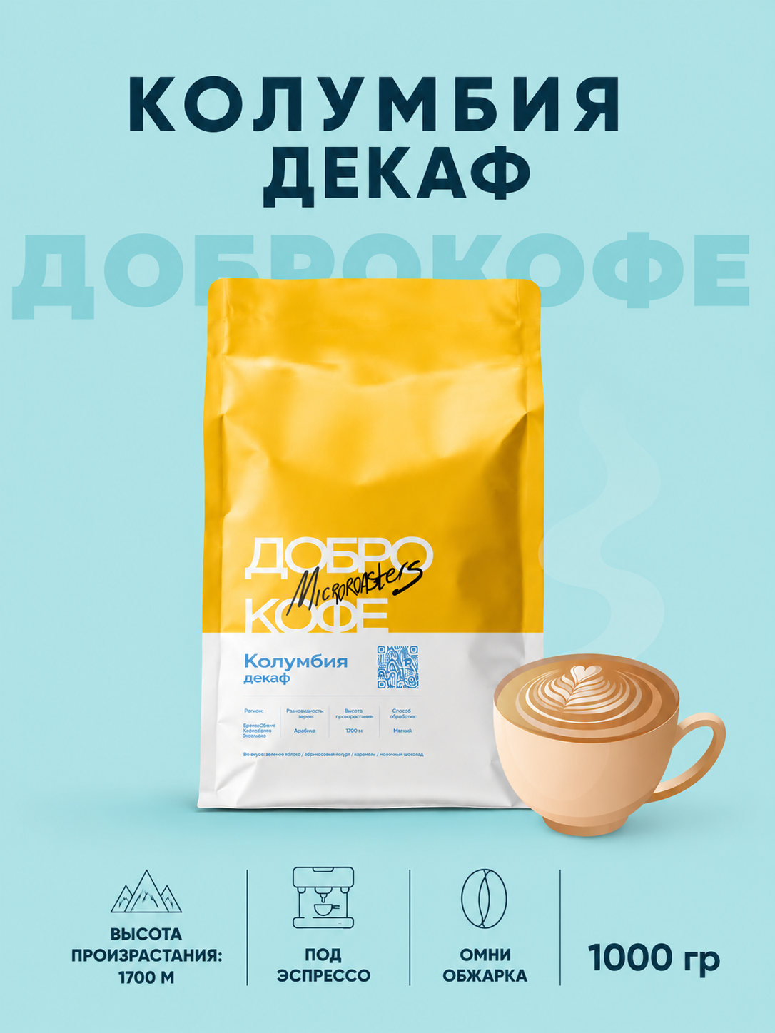 Кофе в зернах без кофеина Колумбия Декаф, свежая петербургская обжарка под эспрессо и турку от Добро Кофе, 1000 гр/ 1 кг
