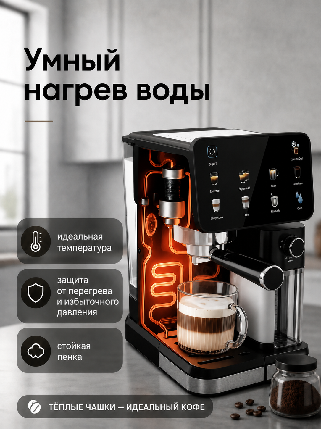 Автоматическая рожковая 12 в 1 кофемашина с капучинатором, 20 Бар/1450 Вт — фото 1
