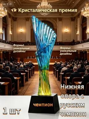 Трофей из прозрачного хрусталя - на нижней планке выгравировано слово -Чемпион