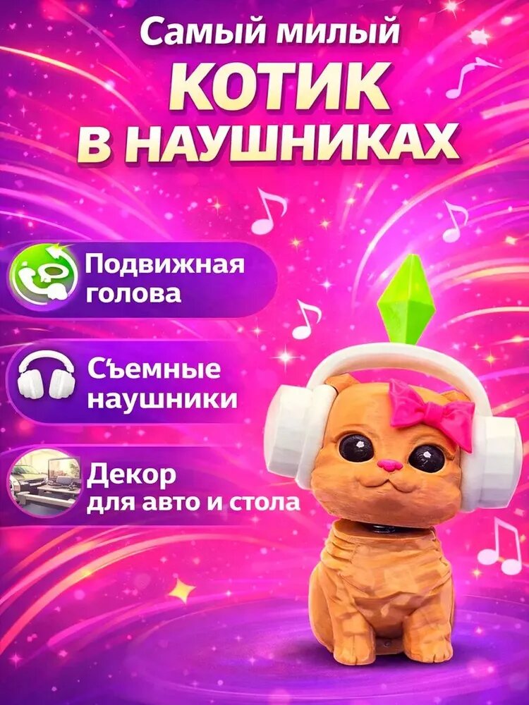 Котик из симс в наушниках мем sims cat из тик ток (Подвижная голова) В подарок: клейкая основа