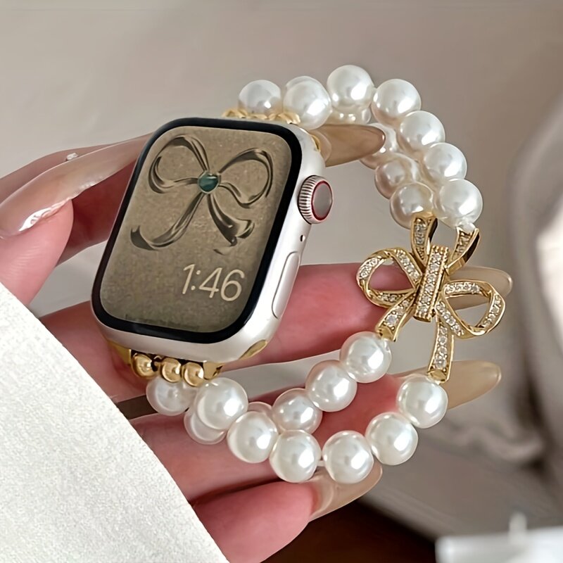 Ремешок для Apple Watch с жемчужным бантом, металлический сплав, цвет золотой, 38/40/41/S10 42 мм, совместим с Series Ultra/SE/10/9/8/7/6/5/4/3/2