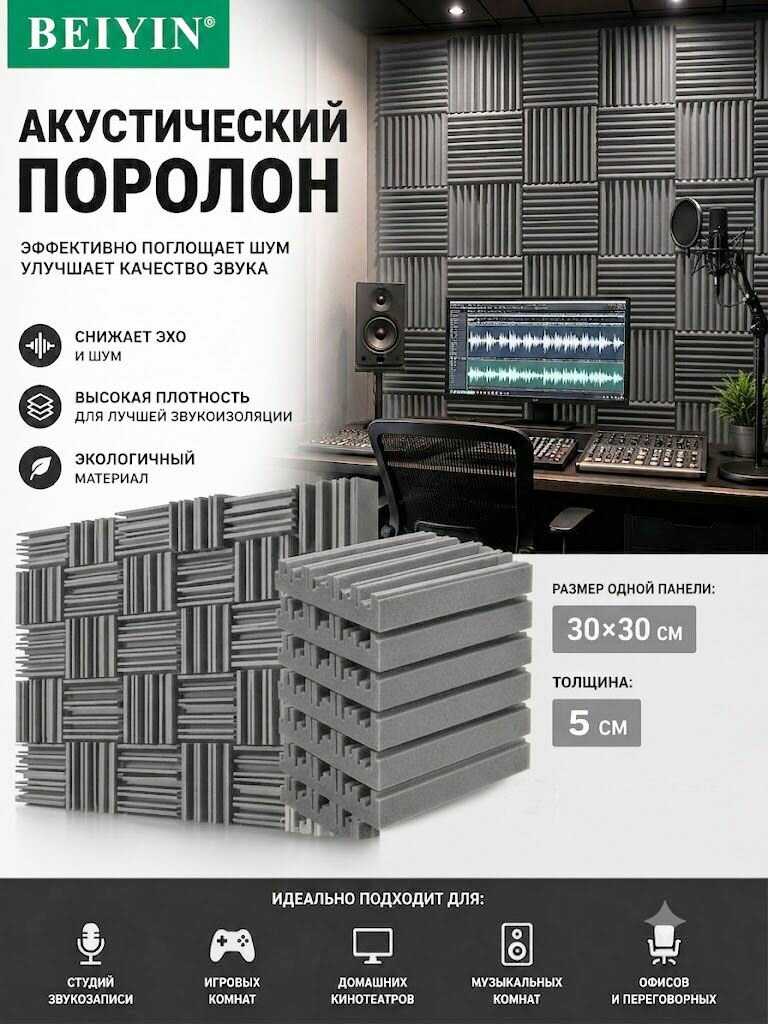BEIYN Акустическая Пена Из Пенополиуретана, Панели Для Стен И Потолка, Шумоизоляция Звукоизоляция Acoustic Foam, 30x30x5 См, 24 Шт, Цвет Серый