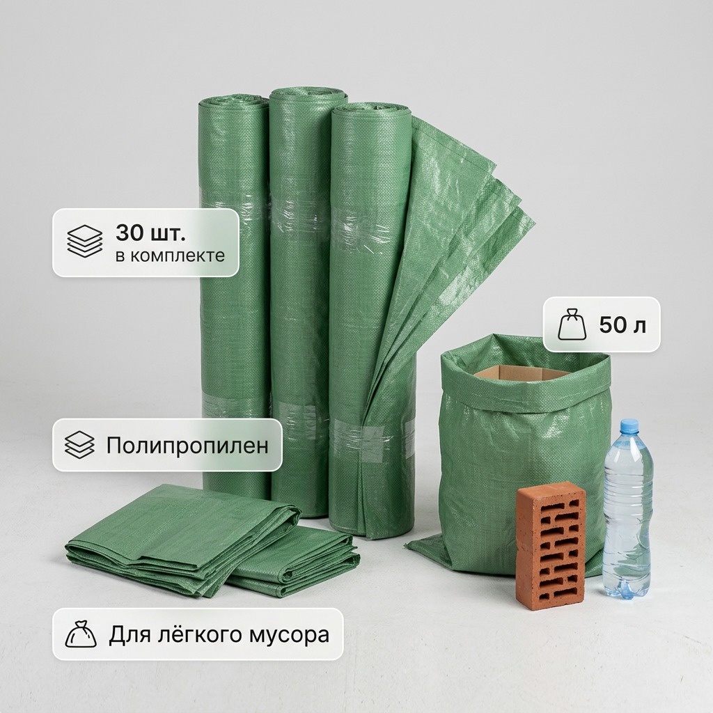 Зелёные мешки для мусора из полипропилена, 30 шт, 50 л, для дома, сада и стройки