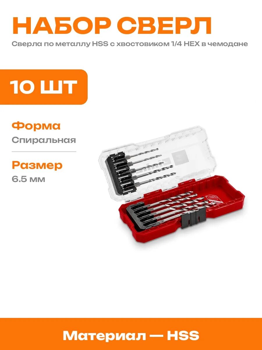 Набор спиральных сверл по металлу 10 шт в кейсе 1/4 HEX