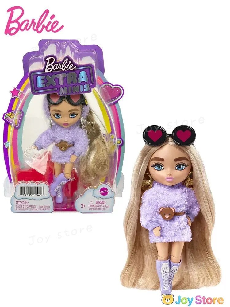Кукла Барби Mattel Barbie Extra Minis Doll / 5.5 дюймов, В пышной фиолетовой модной одежде, с подставкой для куклы и аксессуарами, включая медвежьи уши и солнцезащитные очки, HGP66