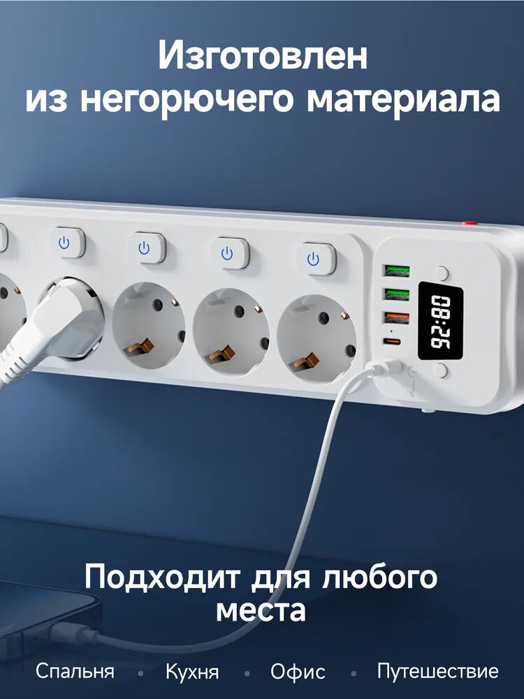 Сетевой фильтр CHIEFWAY настенный, 5 розеток + 3 USB и 2 Type-C, с выключателем и LED-часами