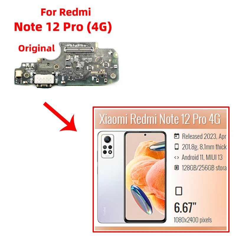 Оригинальный шлейф зарядного порта USB для Xiaomi Redmi Note 12 Pro 4G, замена платы разъема зарядки