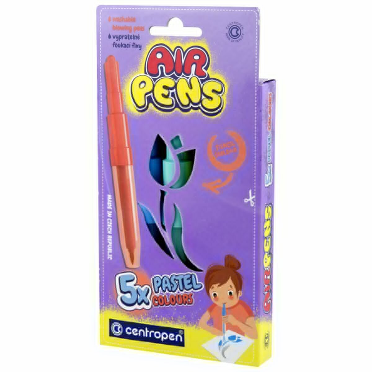 Набор фломастеров воздушных 5 цветов Centropen AirPens Pastel, 1 трафарет, картон. уп. (6 1500 0560)