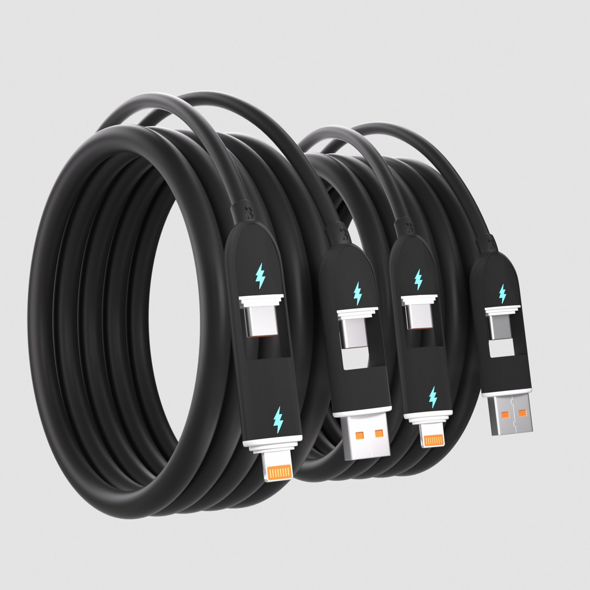 USB-C кабель 4-в-1, 66W быстрая зарядка, 2 шт, черный, совместим с iPhone 17 Pro Max, 16, 15, 14, 13, 12, 11, X, 9, 8, 7, 6, iPad, Samsung, Xiaomi, мягкий силикон