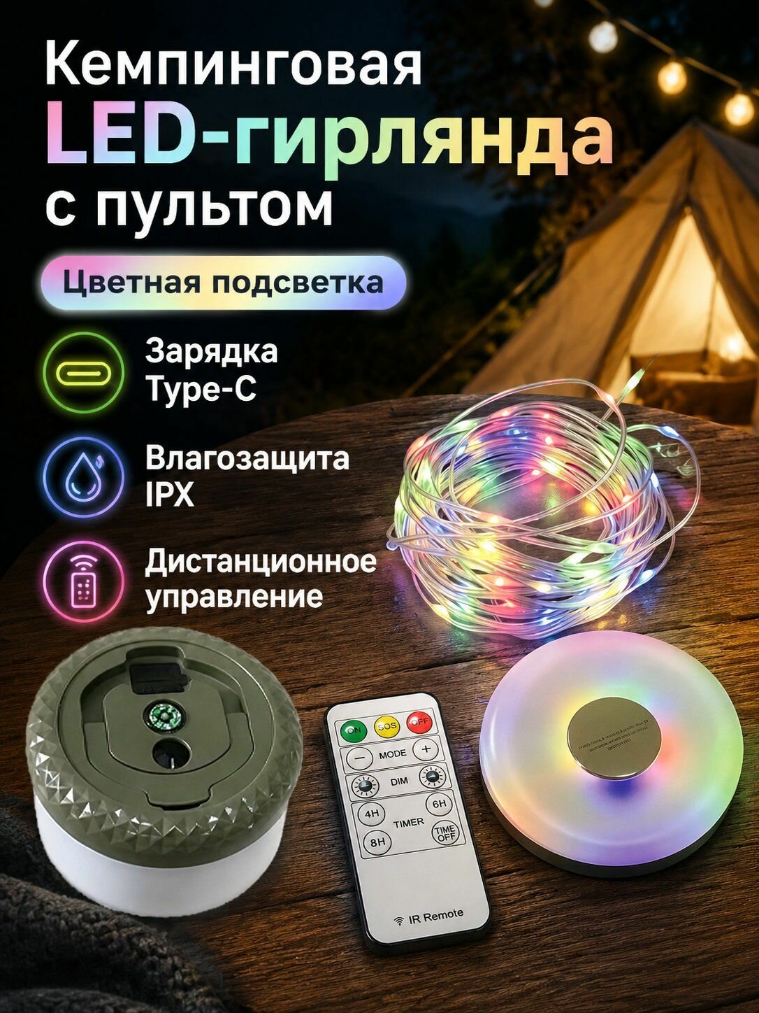 Светодиодная гирлянда для кемпинга, многоцветная RGB, водонепроницаемая уличная лампа с Type-C зарядкой