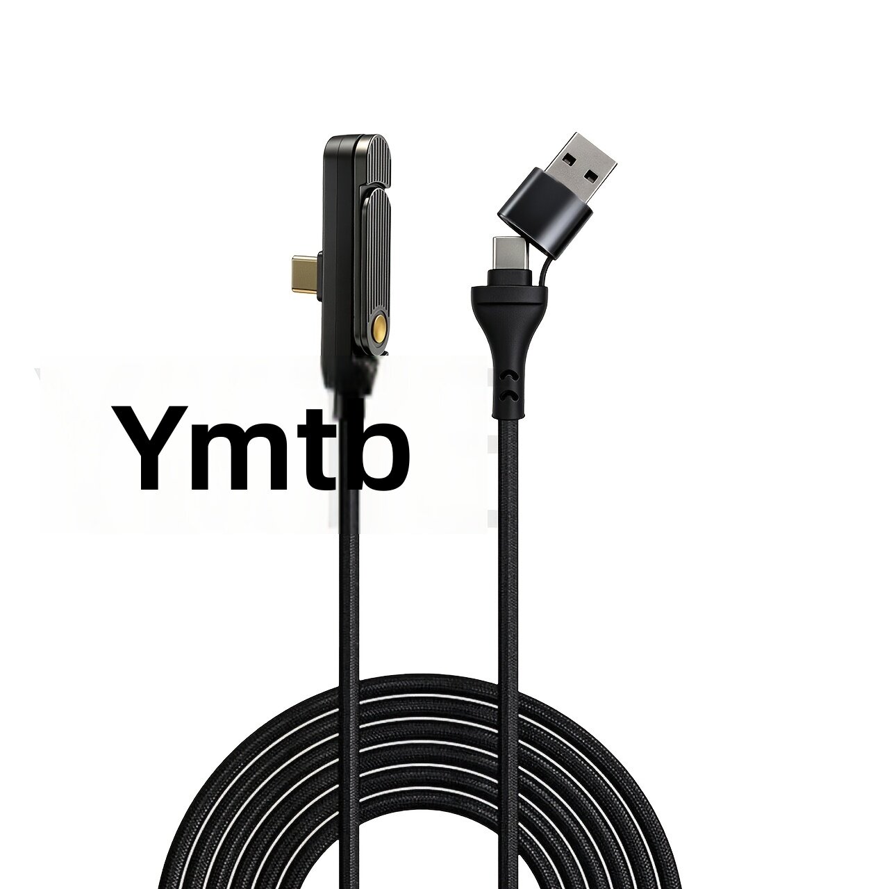 USB-кабель 2-в-1 (USB A + USB C) в Type-C, 240W, 360° вращающийся угловой игровой кабель со складной подставкой для телефона, 1.5 м, плетеный, антизапутывание, черный