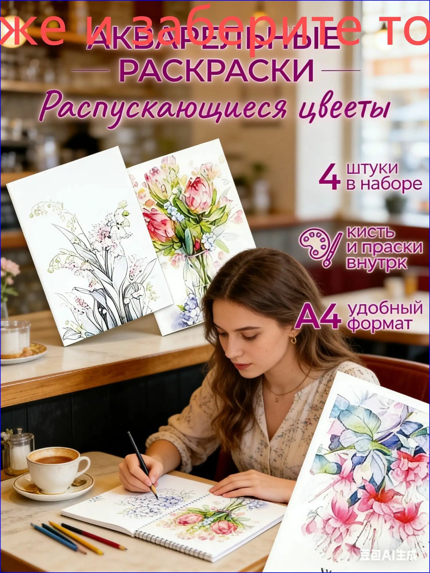 Акварельная раскраска "цветочный язык", формат А4