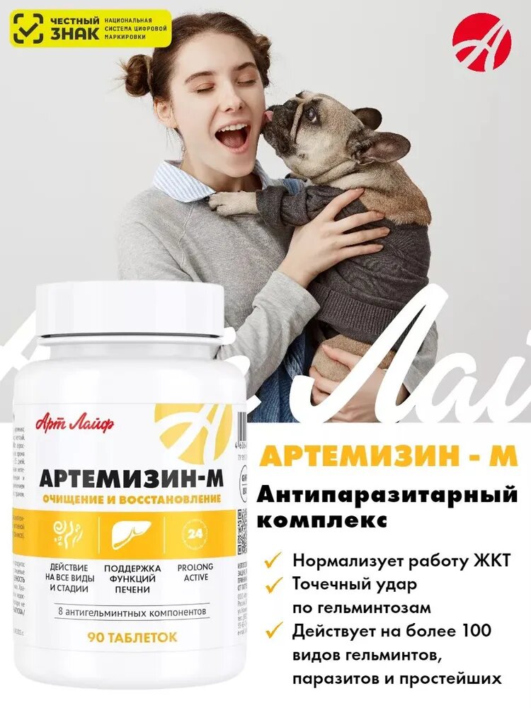 Арт Лайф Артемизин - М, Антипаразитарный комплекс для профилактики развития глистных инвазий и протозойных инфекций Противопаразитарная защита 90 таблеток Артлайф Art Life