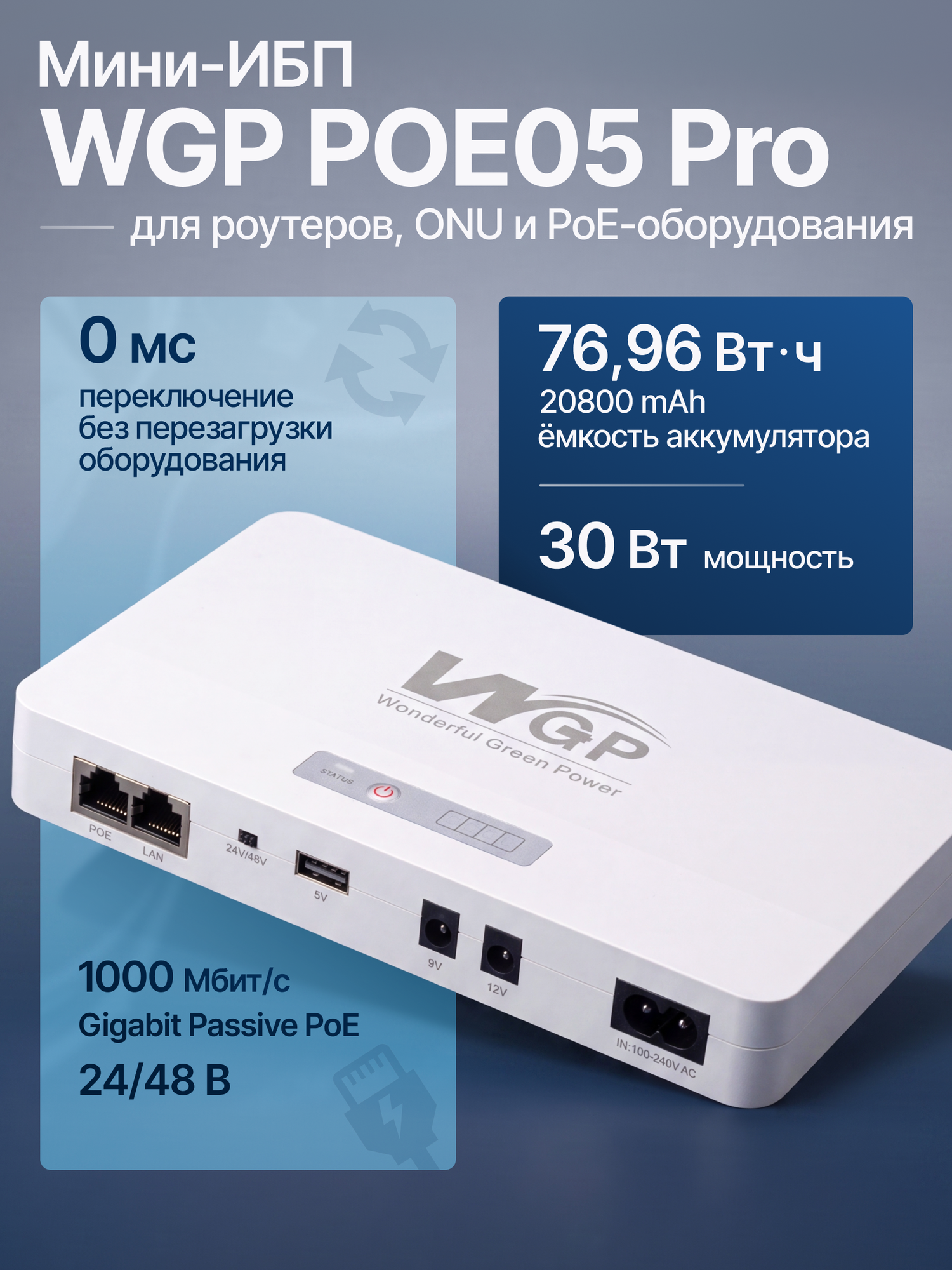 WGP POE05 pro 30W 5v/9v/12v/POE24 48v Источник бесперебойного питания