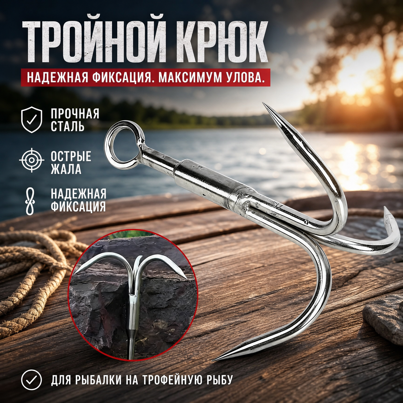 Якорь-кошка трехлапый из нержавеющей стали, для рыбалки на трофейную рыбу и подводной охоты, с острыми шипами и надежной фиксацией (Длина: 130 мм)