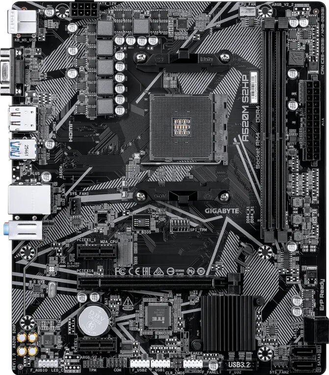 Материнская плата Gigabyte A520M S2HP A520, AM4, 2*DDR4, 1*PCIEx16, 2*PCIEx1, 1*M.2, 6*USB3.2Gen1, 8*USB2.0, 4*SATA3.0, 1G, VGA, DP, HDMI, M-ATX, RTL