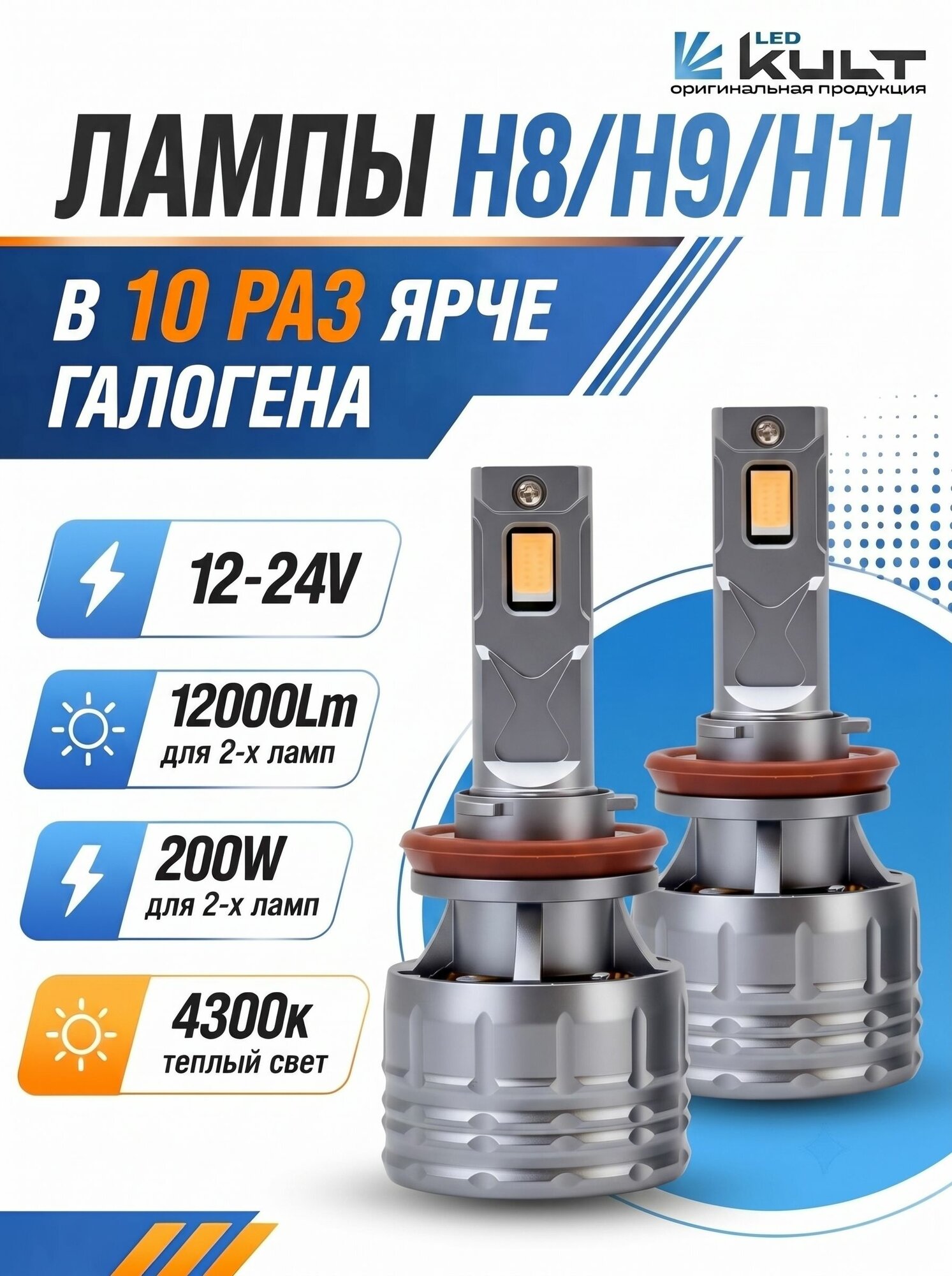 L9-H11 LEDKULT Лампы светодиодные H11/H8/H9 2 шт. LEDKULT арт. L9-4300-H8/H9/H11