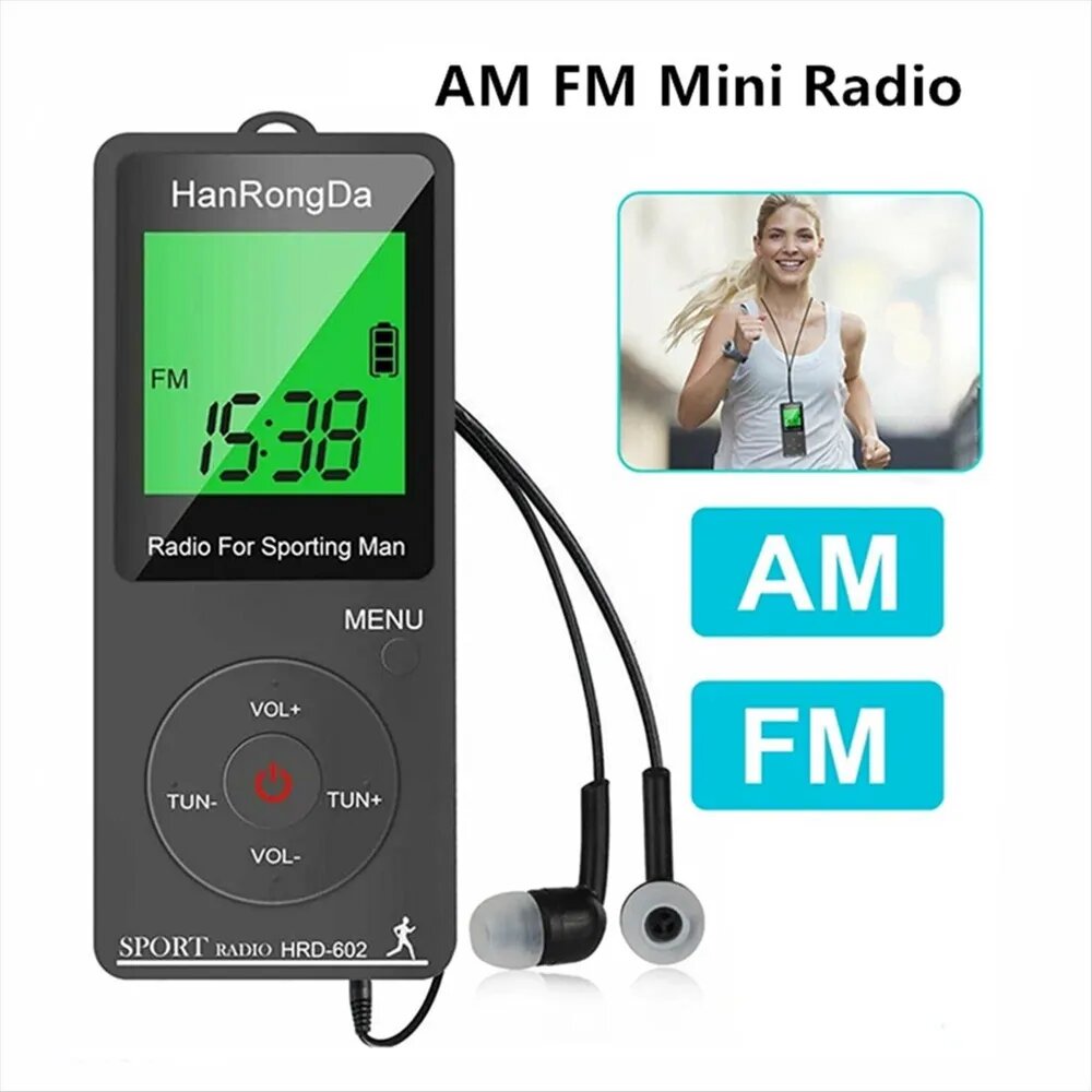 Портативное Мини-Радиоприемник AM FM С Наушниками-Шагомером HanRongDa