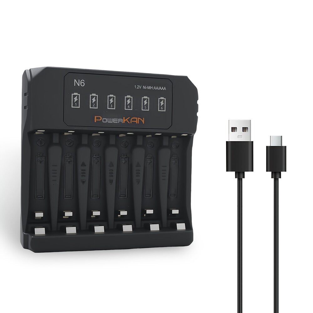 6-слотовое зарядное устройство для AA/AAA NiMH аккумуляторов, USB C, 500 мА на слот, независимая зарядка, черный